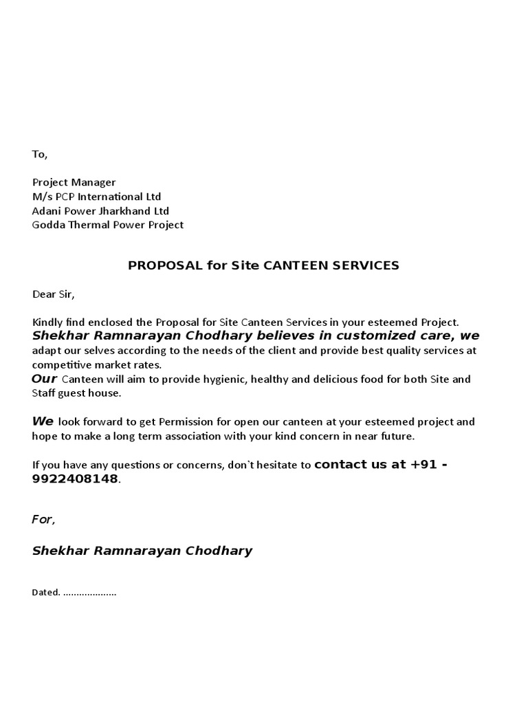 Canteen Services Proposal for Adani Project | PDF | Foods | Food And Drink