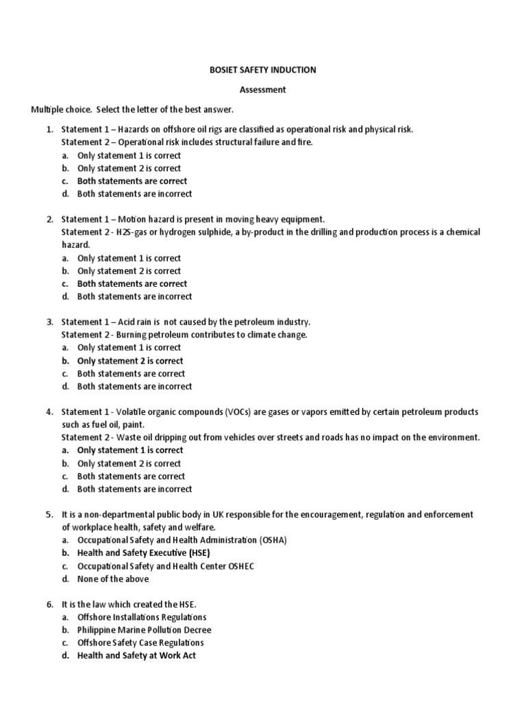 Safety Induction Assessment | PDF | Occupational Safety And Health | Safety