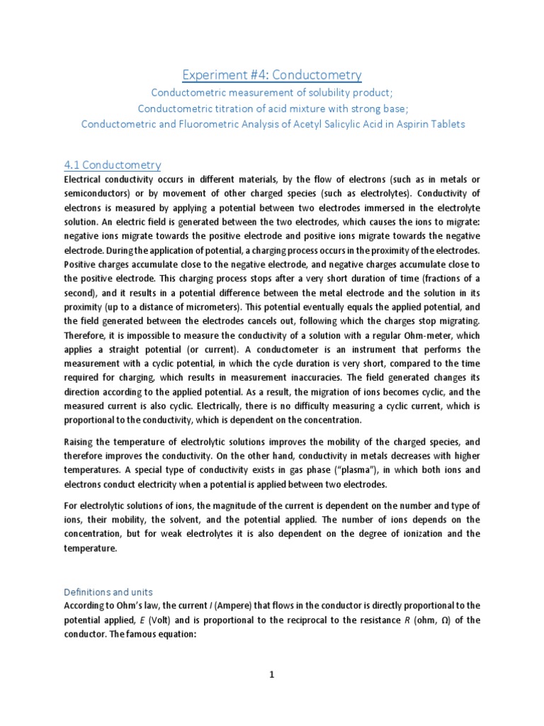 Experiment 4 - Conductometry PDF | PDF | Electrical Resistivity And Conductivity | Titration