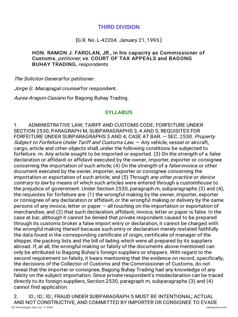 Chap4 Farolan Vs CTA PDF | PDF | Customs | Sovereign Immunity