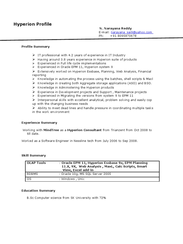 Hyperion Resume | Download Free PDF | Oracle Database | Digital Technology