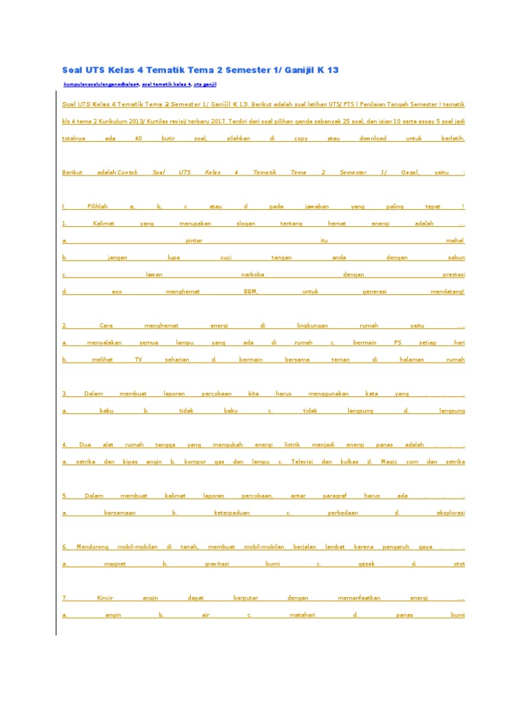 Soal UTS Kelas 4 Tematik Tema 2 Semester 1 | PDF