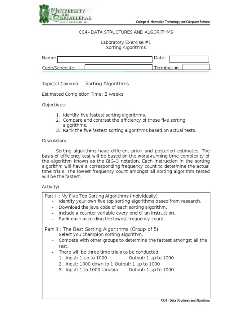 Laboratory Exercise In Data Structures 1 Pdf Algorithms Areas Of Computer Science