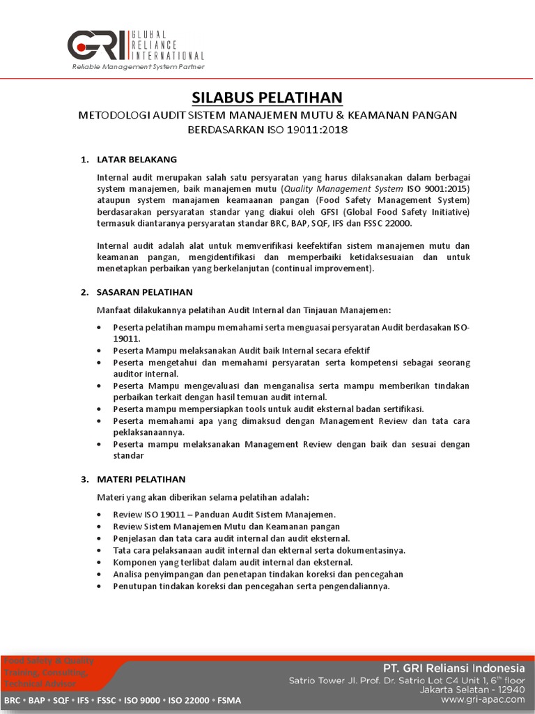 Training Syllabus - Internal Audit PDF | PDF