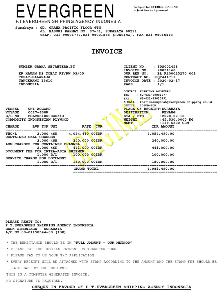 Evergreen Shipping Invoice | PDF | Receipt | Invoice