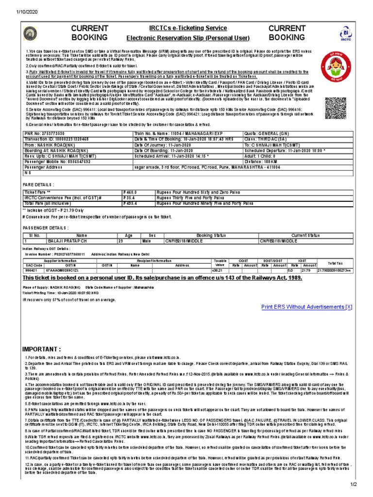 Nashik To Dadar - Sample Ticket | PDF | Identity Document | Ticket (Admission)