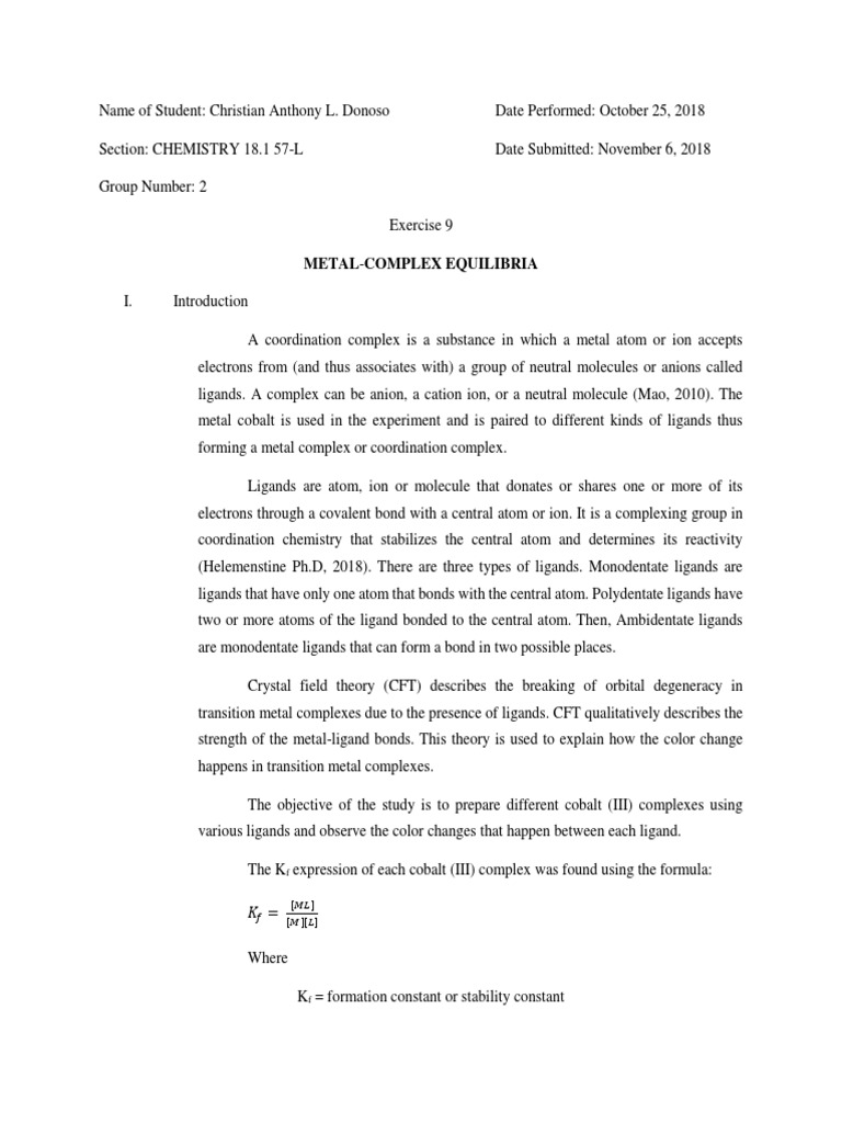 CHEM 18.1 Lab Report 2 Exercise 9 | PDF | Coordination Complex | Ligand