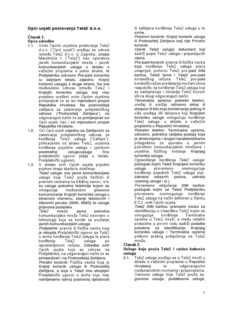 Opci Uvjeti Poslovanja Tele2 Doo | PDF