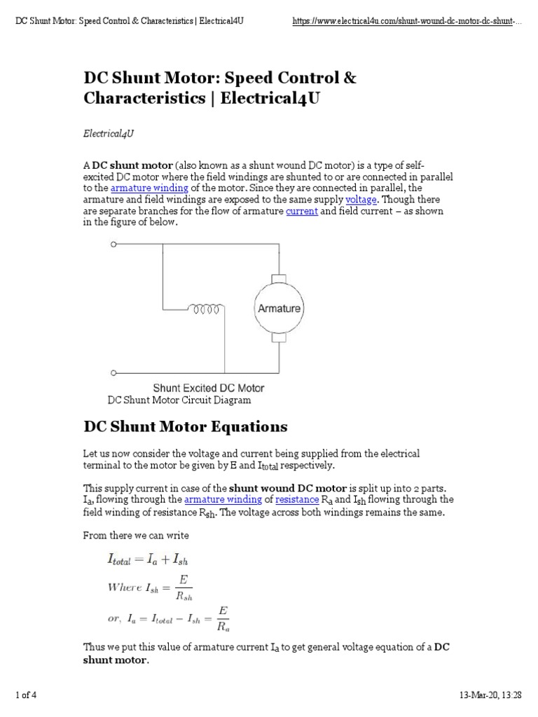 DC Shunt Motor - Speed Control & Characteristics - Electrical4U PDF ...