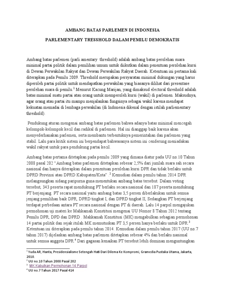 Ambang Batas Parlemen Di Indonesia (Koyyum Oyi) | PDF | Politik | Ilmu Sosial