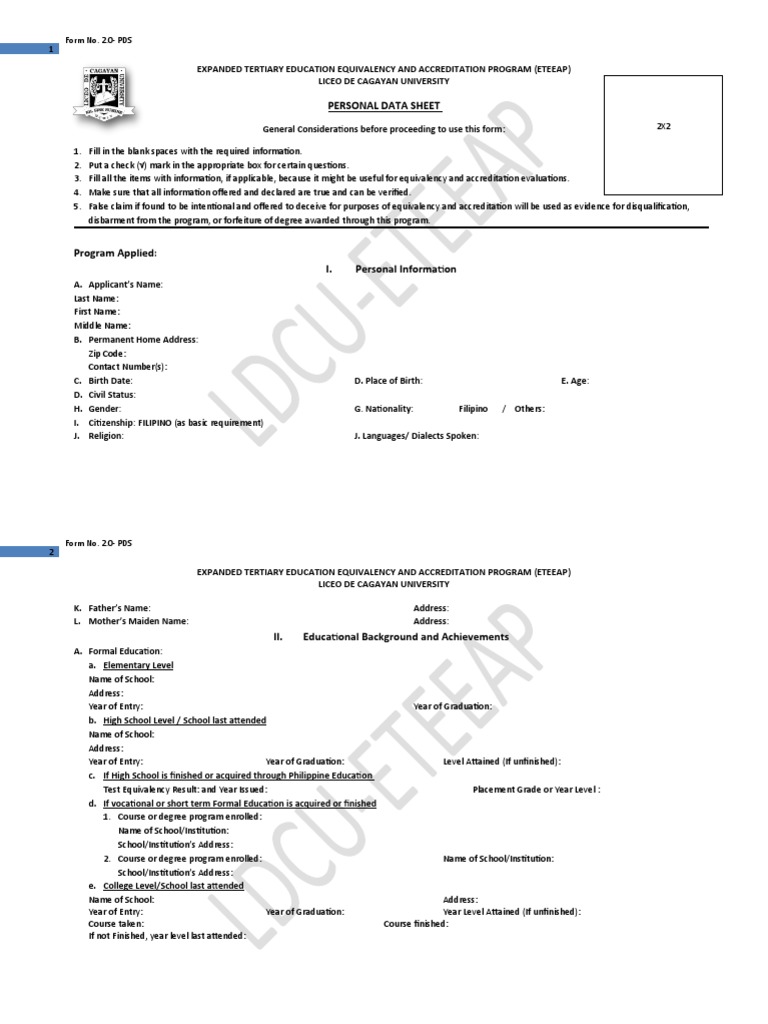 ETEEAP Personal Data Sheet Template | PDF | Academic Degree | Behavior ...
