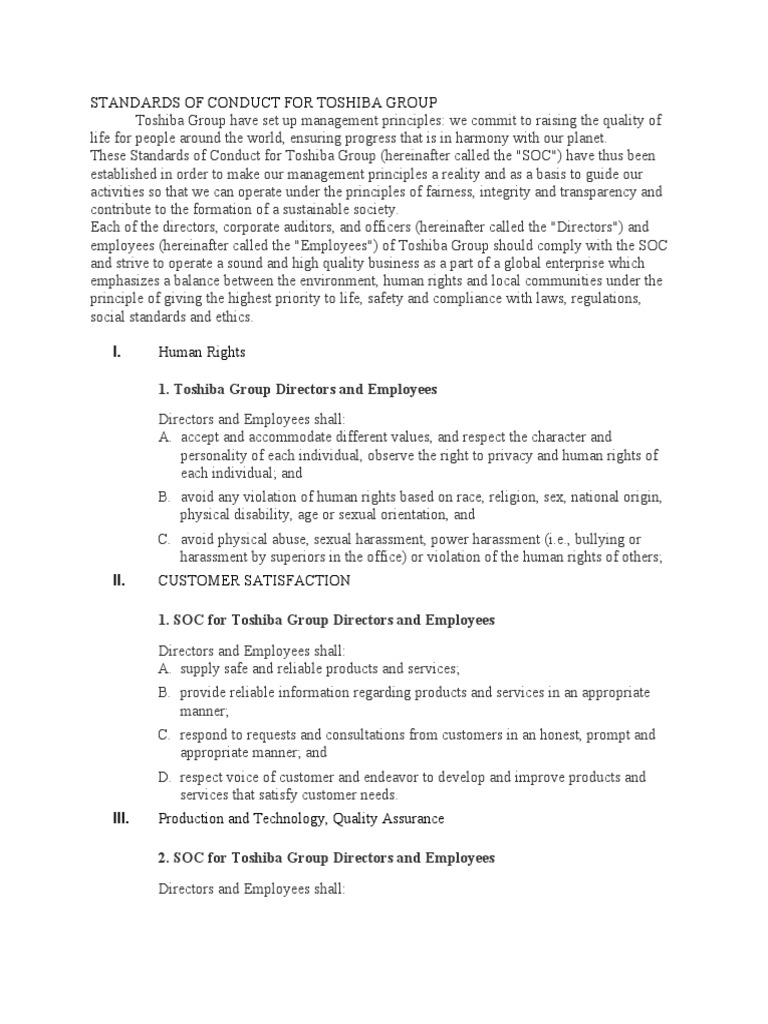 Toshiba Group Standards of Conduct | PDF | Sexual Harassment | Employment