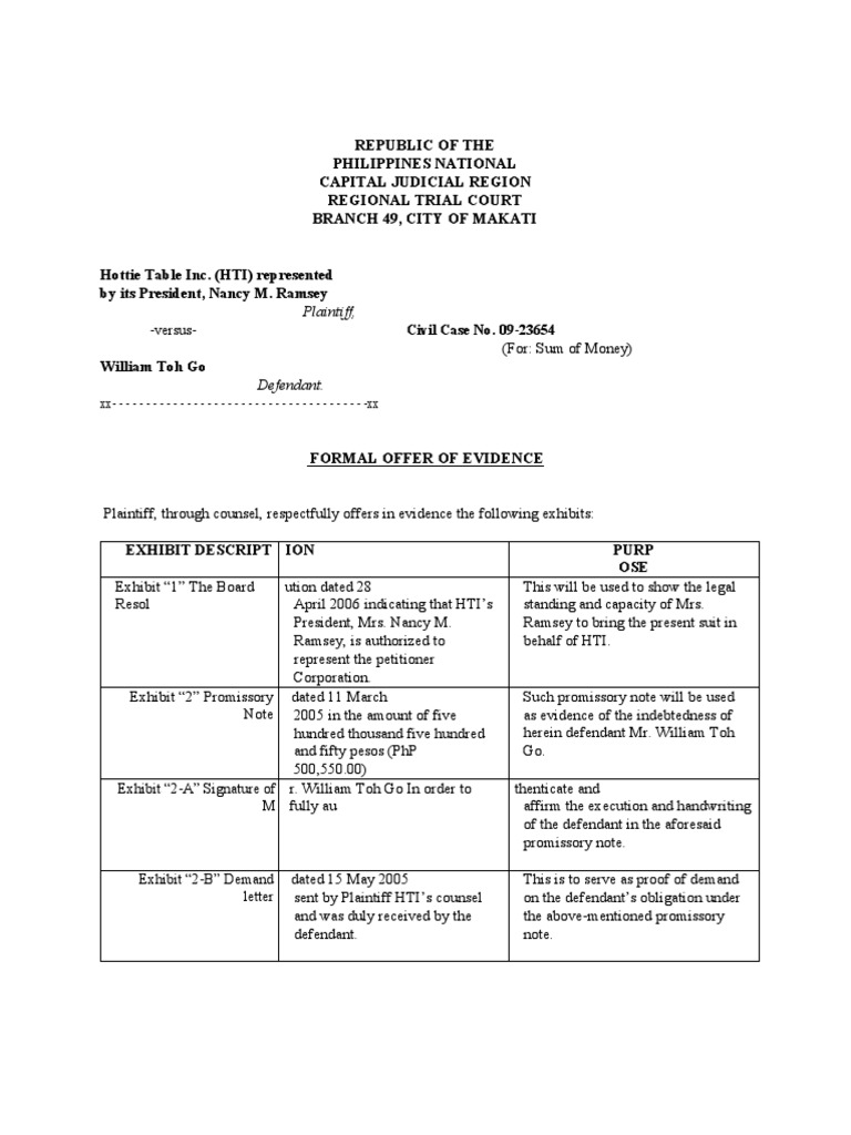 1 Formal Offer of Evidence | PDF | Lawsuit | Virtue