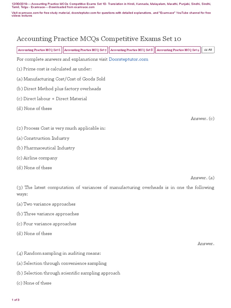 Accounting Practice MCQ Set 10 PDF | PDF | Multiple Choice | Sampling ...