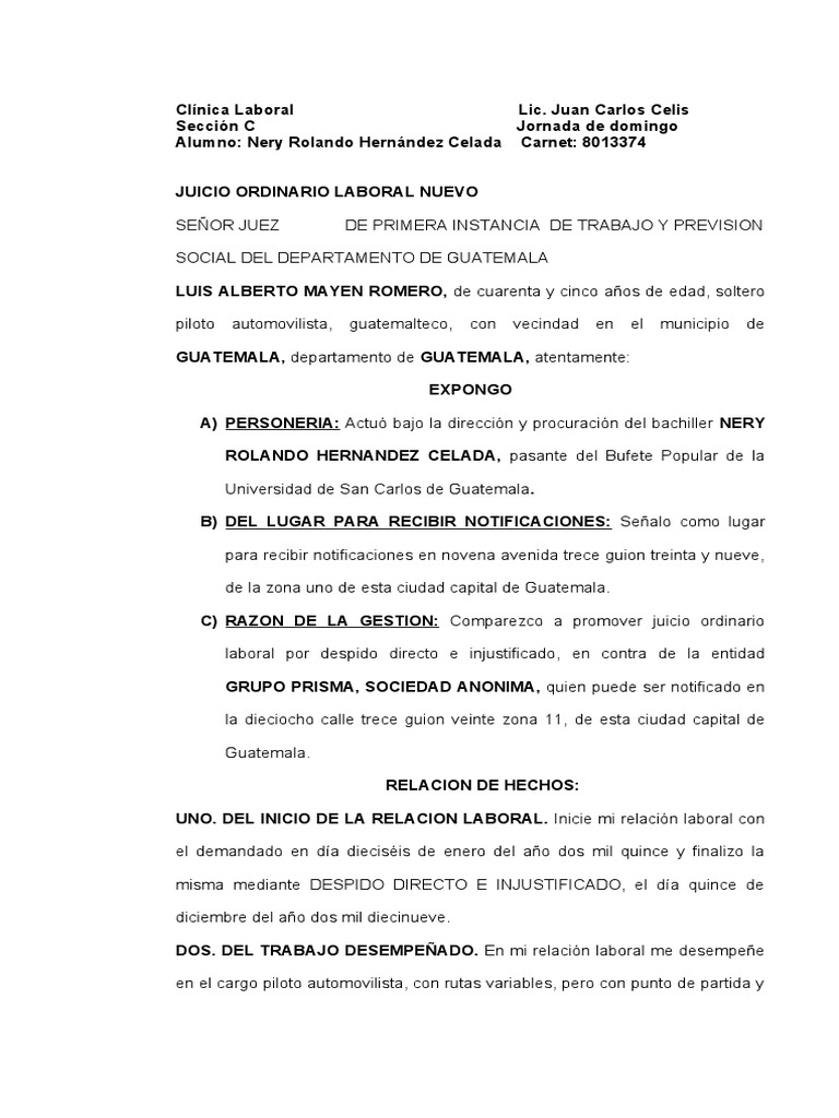 Demanda Laboral Por Despido Directo e Injustificado | PDF | Guatemala ...