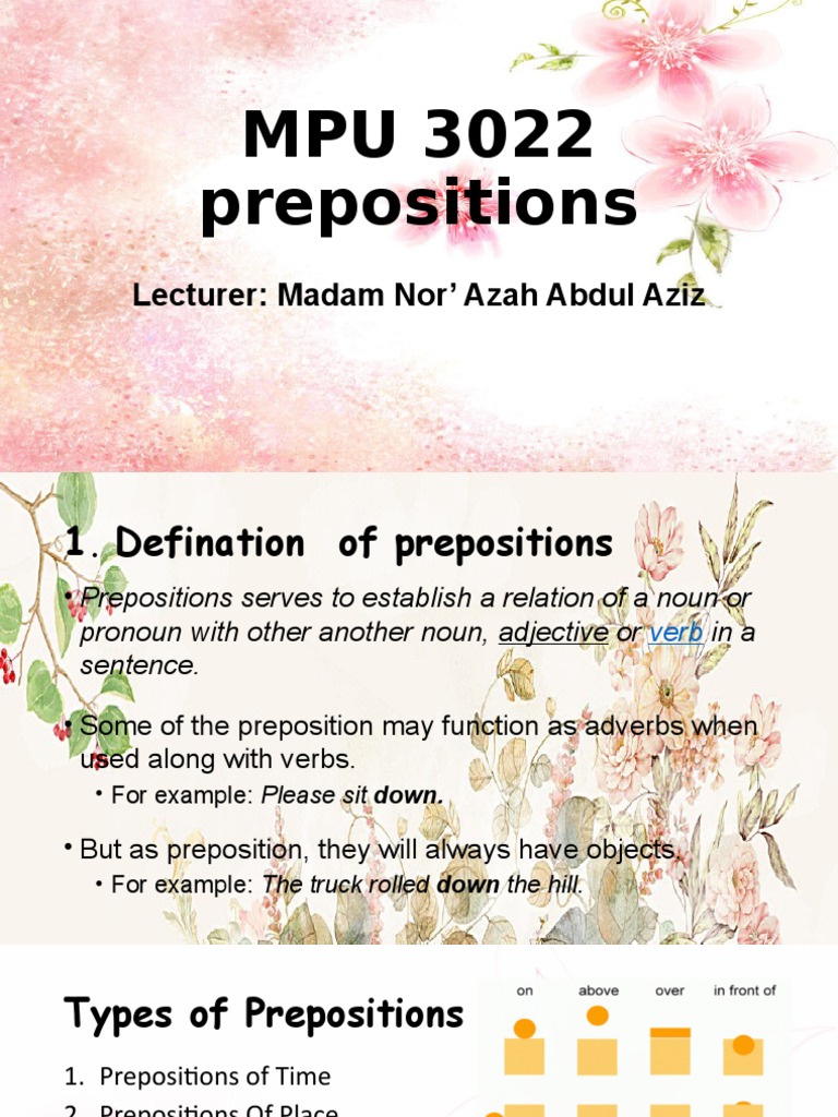 Prepositions | PDF | Preposition And Postposition | Noun