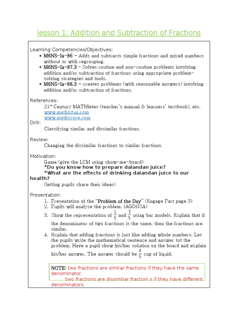 Math6 Q1 Lesson 1 | PDF | Fraction (Mathematics) | Subtraction