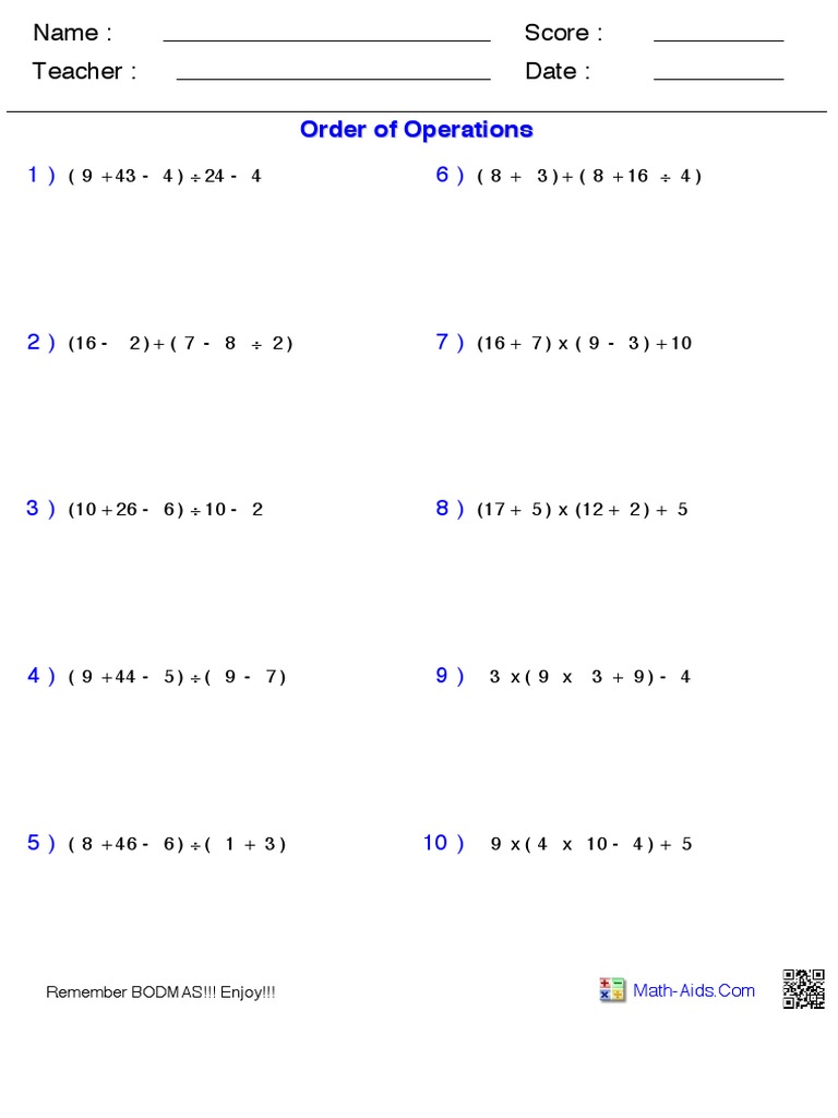 BODMAS Question Sheet PDF | PDF