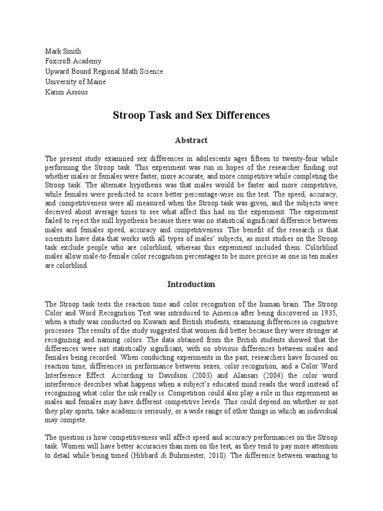Stroop Task And Sex Differences Pdf Pdf Statistical Significance