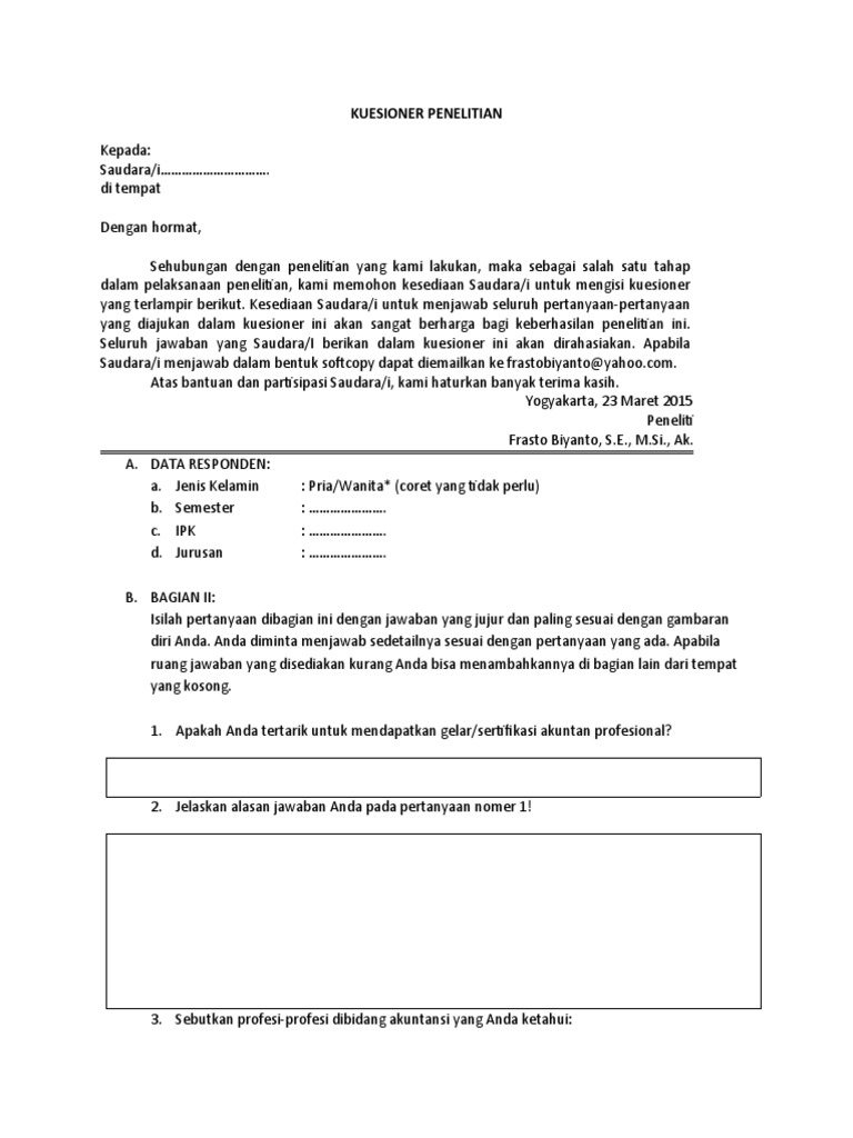 Contoh Kuesioner Penelitian | PDF