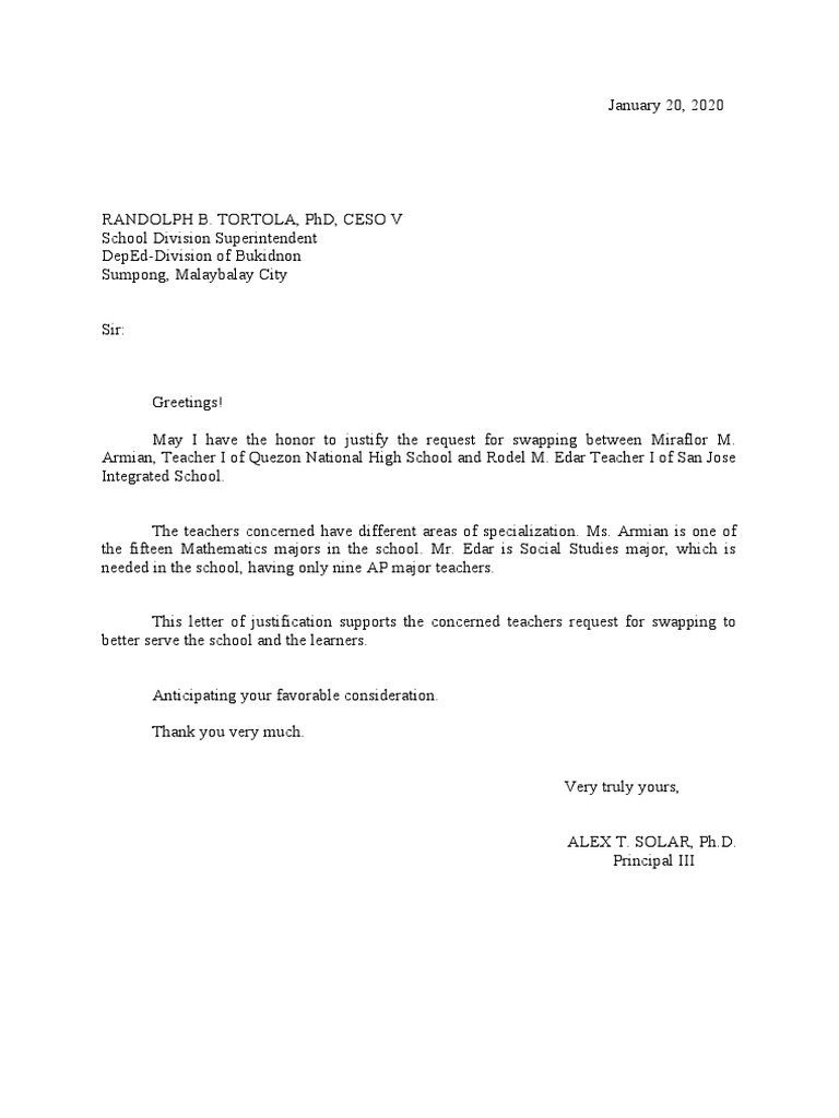 Teacher Station Swap Request Letter | PDF | Learning | Behavior ...