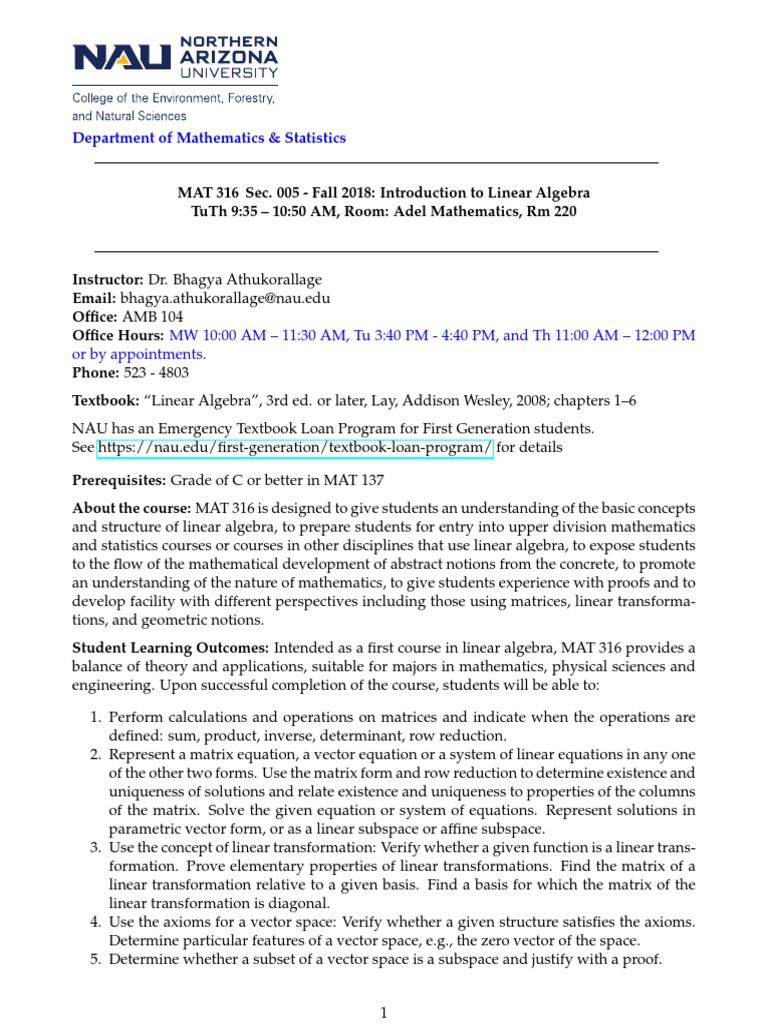 MAT 316 Intro Linear Algebra | PDF | Linear Subspace | Matrix (Mathematics)