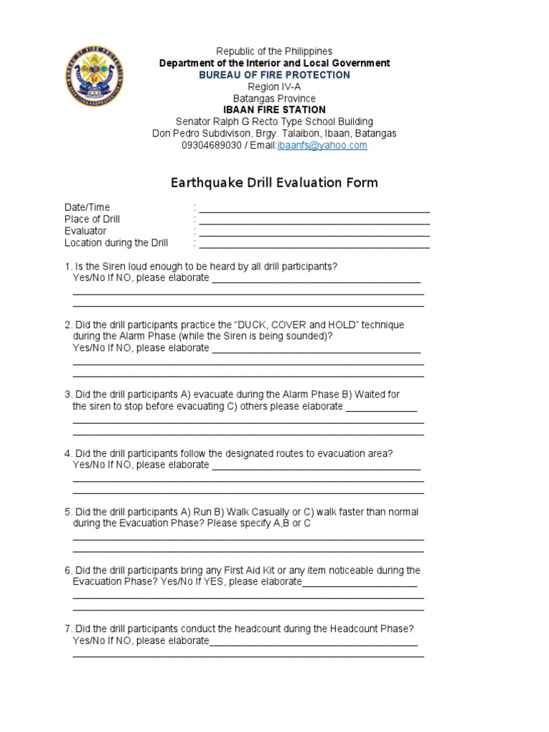 Earthquake Drill Evaluation Form | PDF | Emergency Evacuation | Hazards