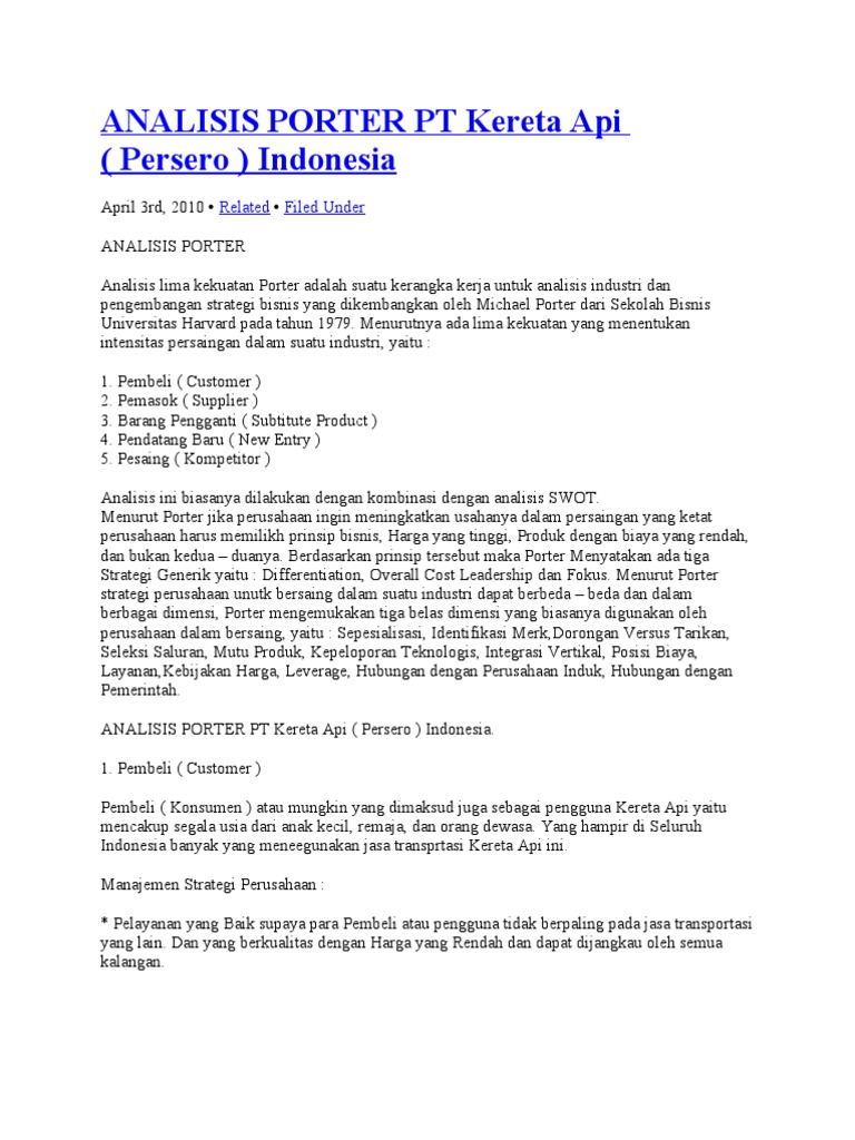 Analisis Porter PT Kereta API | PDF