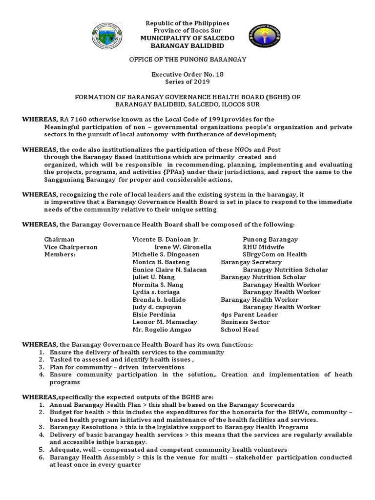 Executive Order Barangay Health Board | Download Free PDF | Public ...