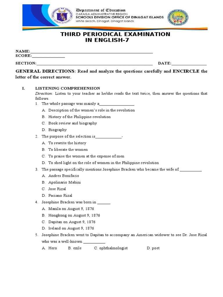 English 7 Periodical Exam Guide | PDF | Zebra | Douglas Mac Arthur
