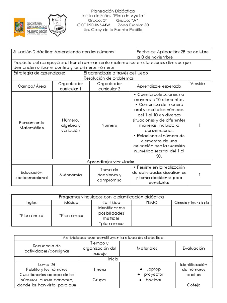Plan Numeros 1 | PDF | Educación de la primera infancia | Cognición