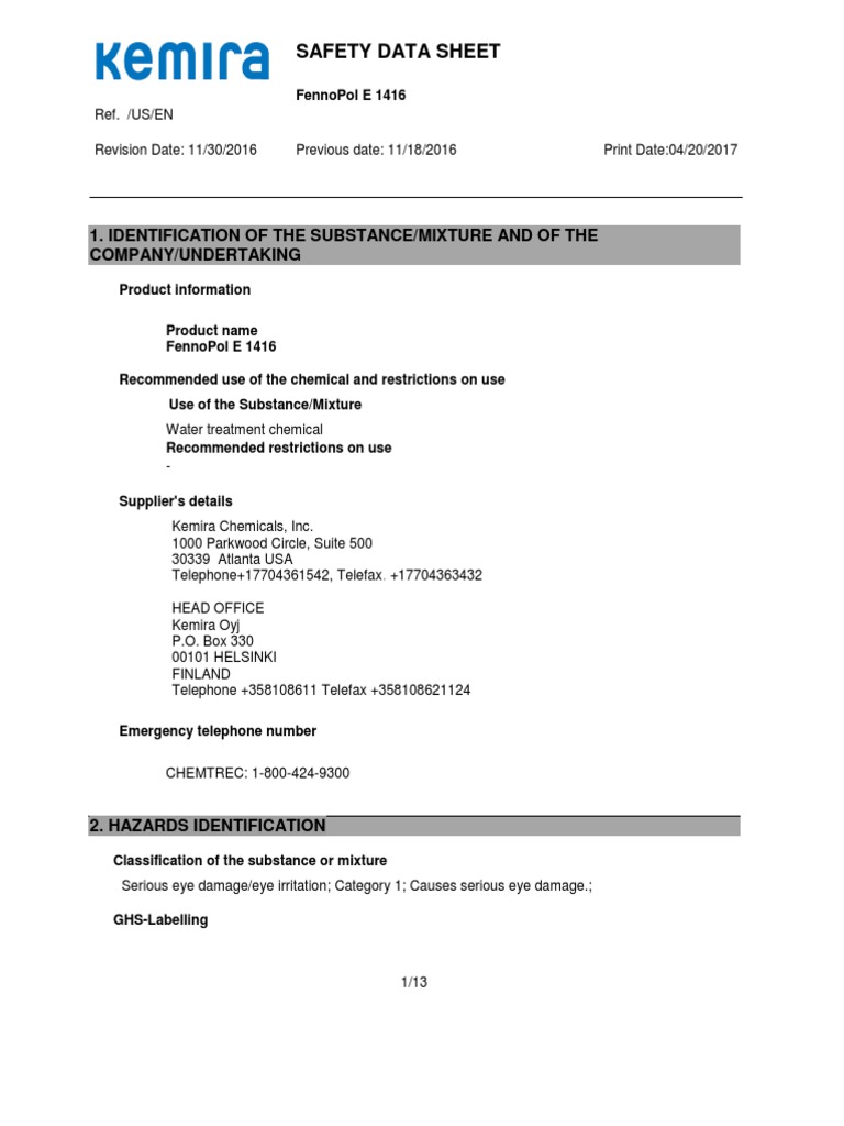 FennoPol E 1416 Safety Data Sheet | PDF | Dangerous Goods | Toxicity