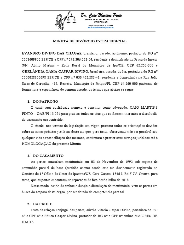 Modelo De Minuta De Divorcio Extrajudicial