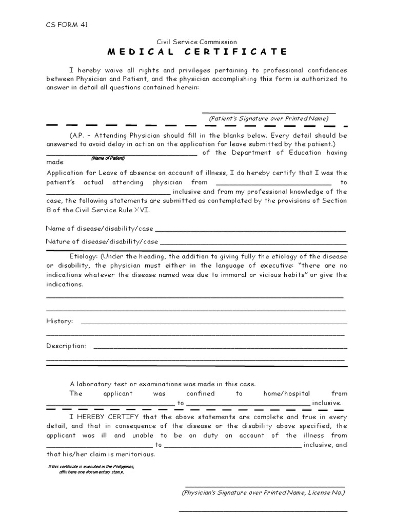 CS FORM 41 Medical Certificate | PDF | Physician | Medicine