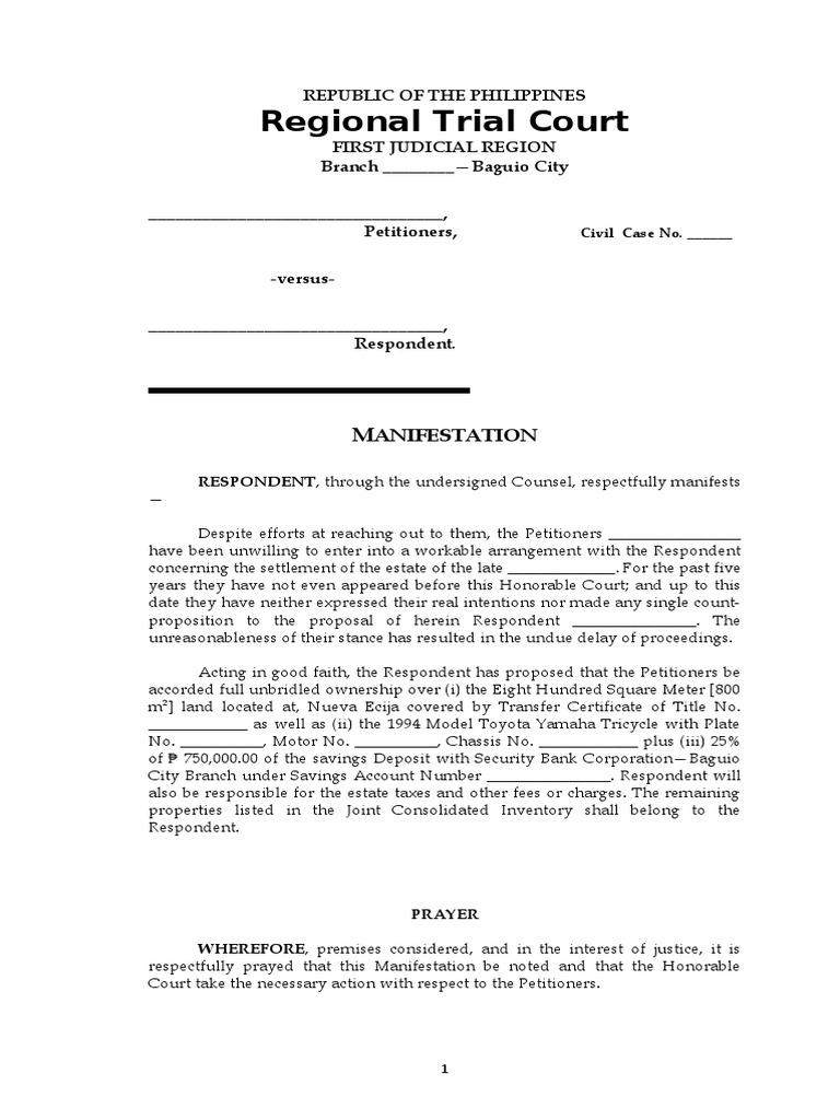 Court Manifestation for Estate Settlement | PDF | Public Sphere ...