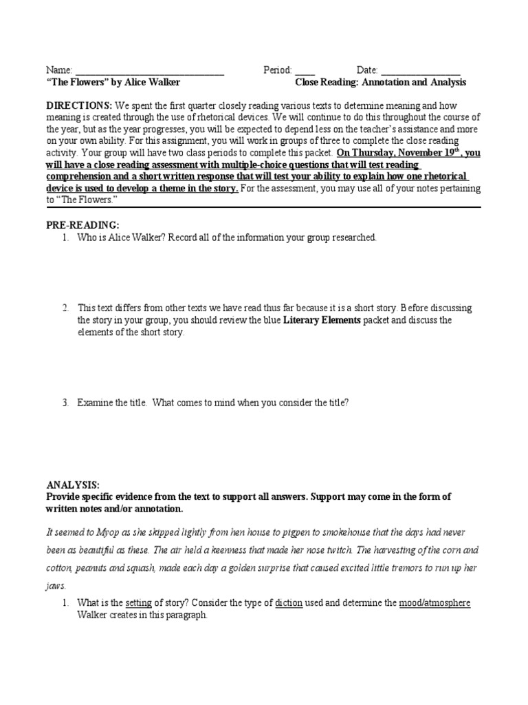 Analysis of "The Flowers" by Alice Walker | PDF | Reading Comprehension ...