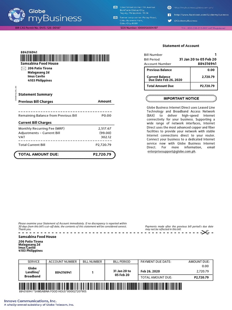 Globe Internet Billing Statement Sample | PDF | Credit | Finance ...