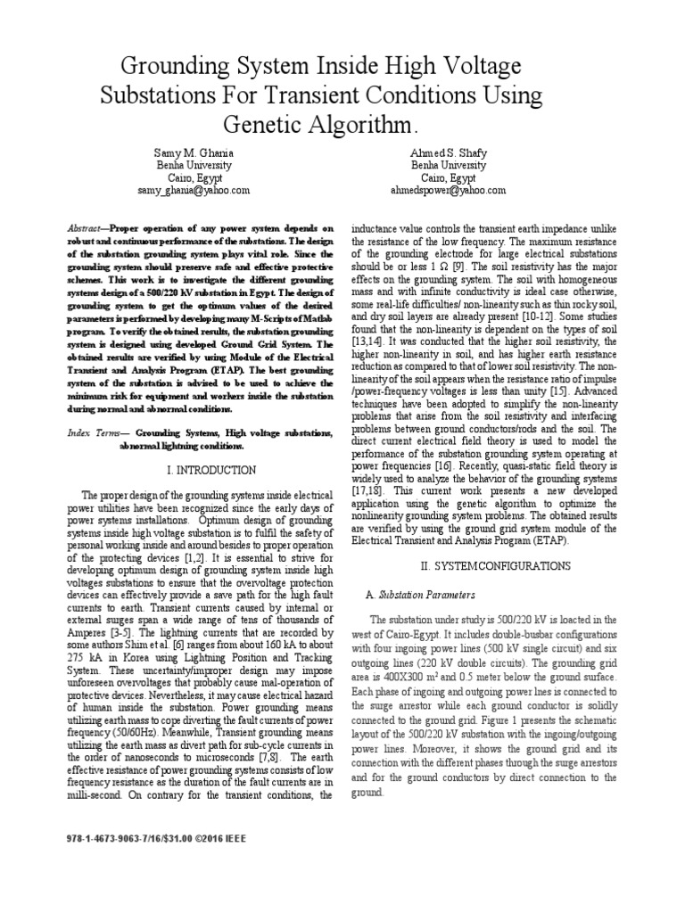 Grounding System Inside High Voltage Substations For Transient Conditions Using Genetic ...