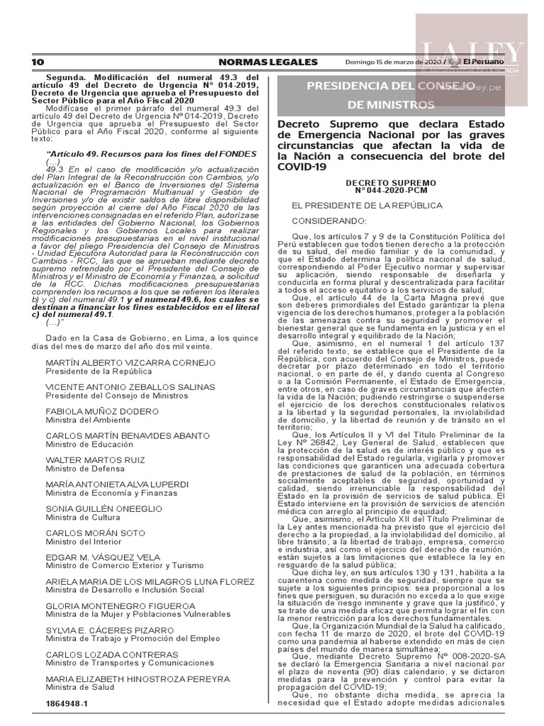 Decreto Supremo #044-2020-PCM | PDF | Ley humanitaria internacional | Estado de emergencia