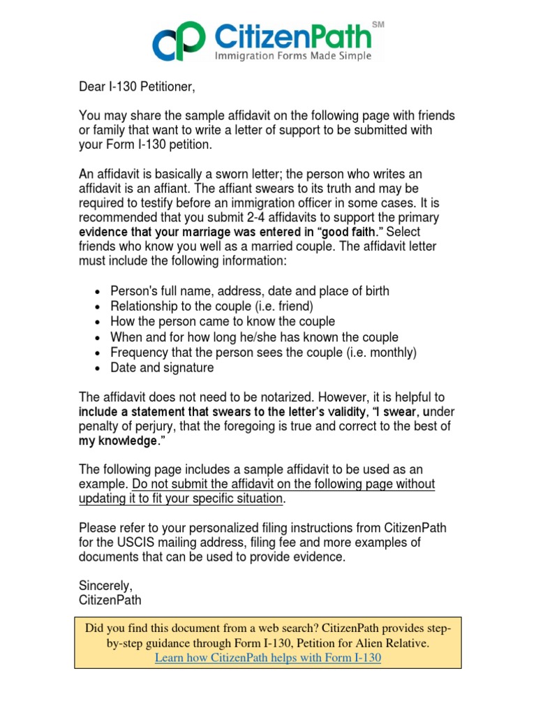I 130 Affidavit Sample PDF | PDF | Affidavit