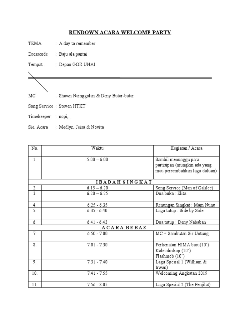 Rundown Acara Welcome Party | PDF