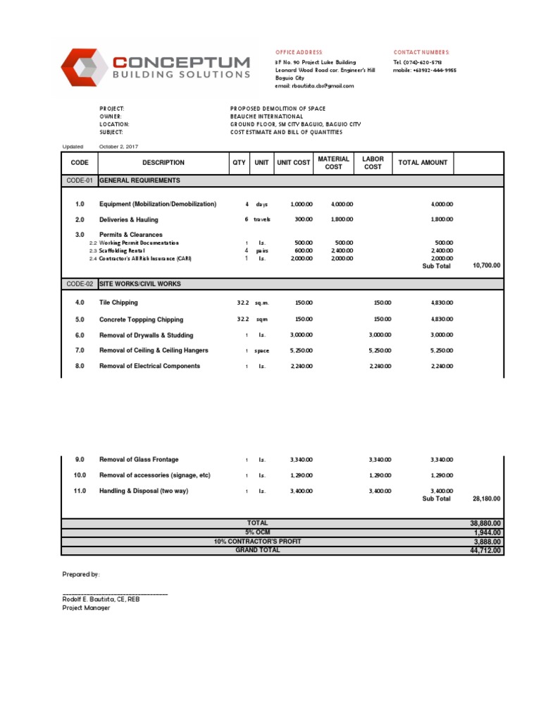 Demolition Cost Estimate for SM Baguio | PDF | Economic Sectors ...