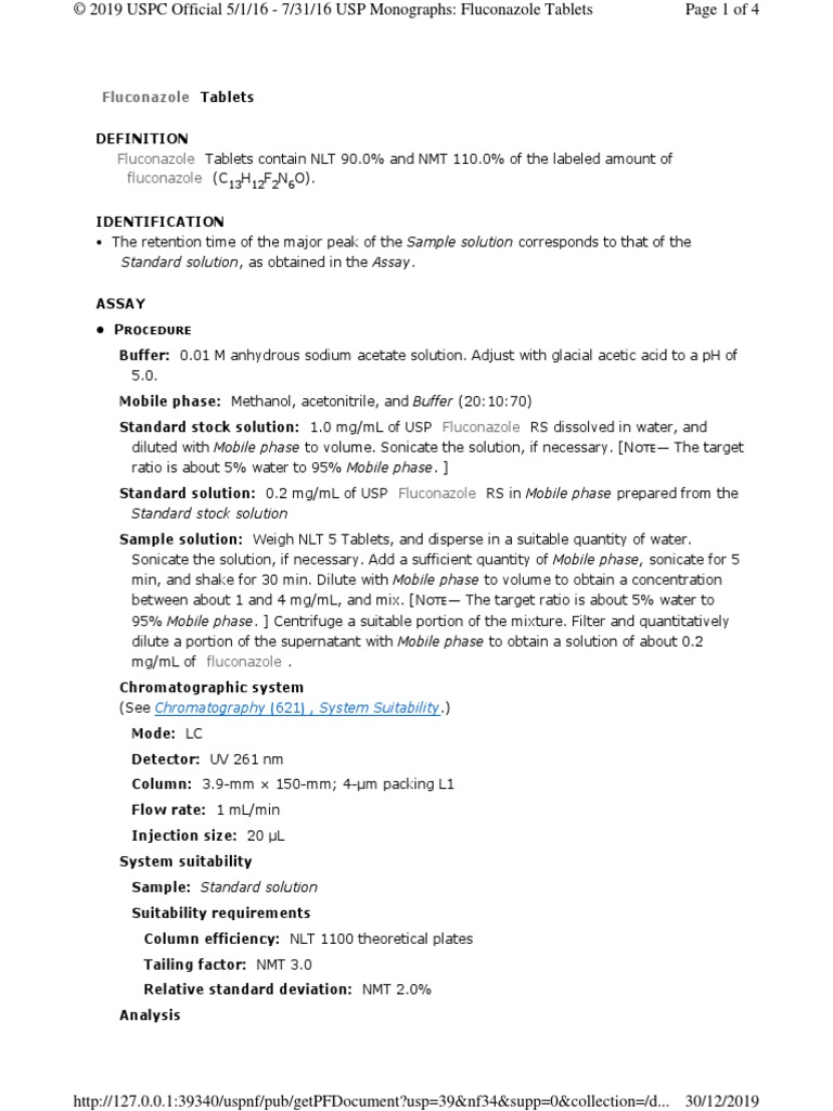 Fluconazole Tablets USP Monograph | PDF | Elution | Chromatography