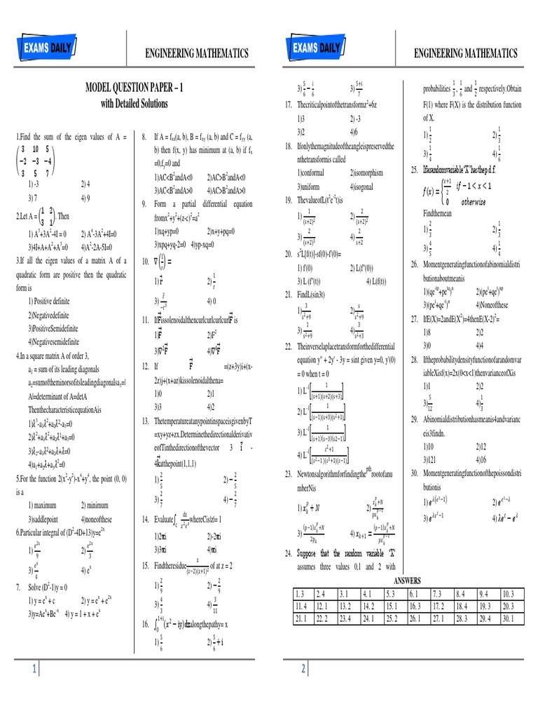 Engineering Mathematics Model Question Paper With Detailed Solutions ...