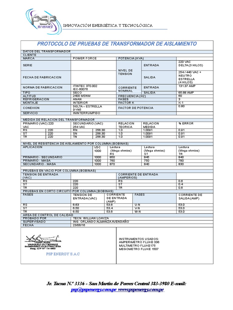 Protocolo de Pruebas de Transformador de Aislamiento | PDF | Transformador | Bienes manufacturados