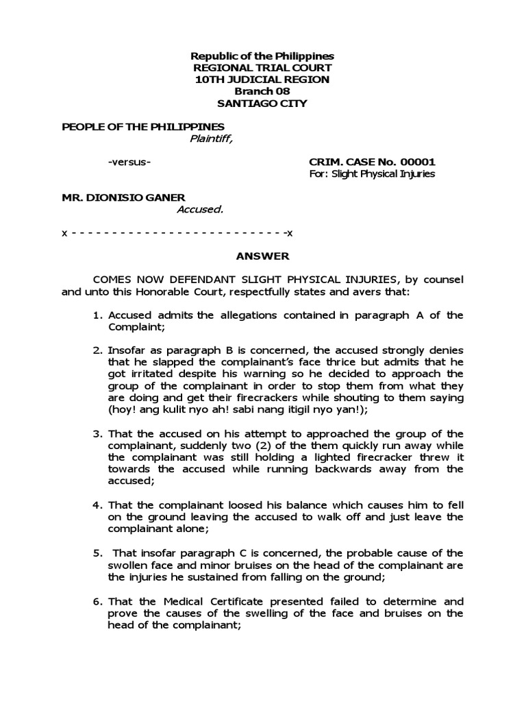 ANSWER-slight Physical Injuries For-Edit | PDF | Lawsuit | Judiciaries
