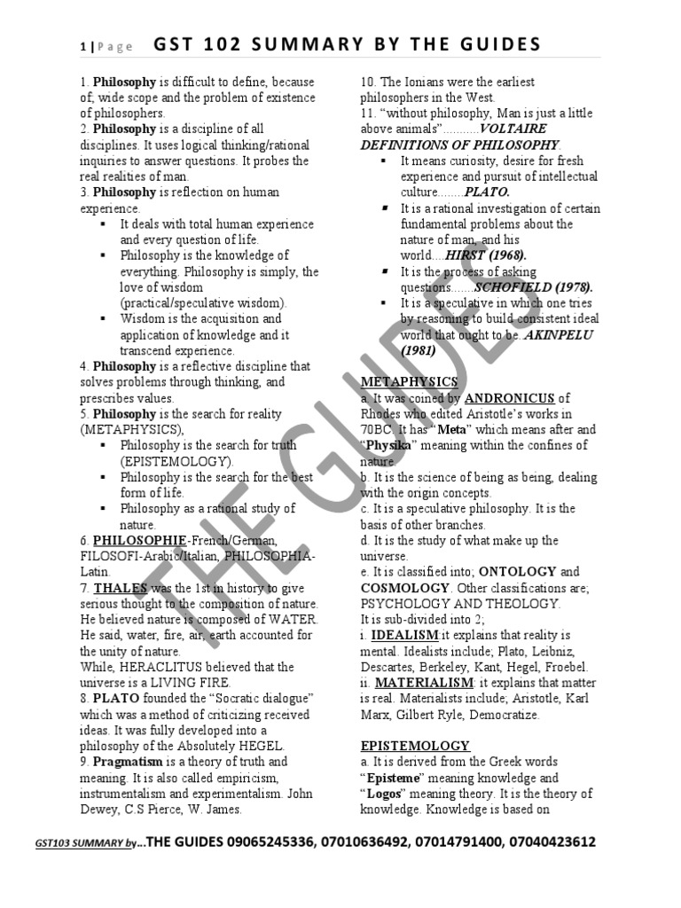 GST 102 Summary by The Guide | PDF | Rationalism | Fallacy