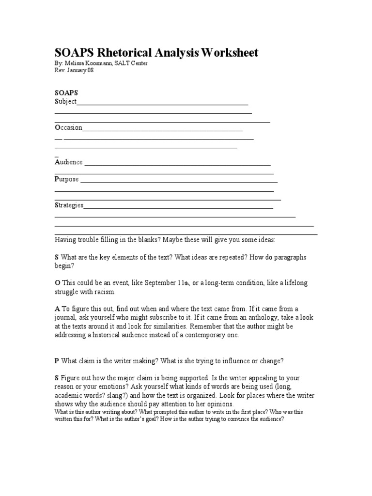 SOAPS Rhetorical Analysis Guide | PDF | Rhetoric | Psychological Concepts