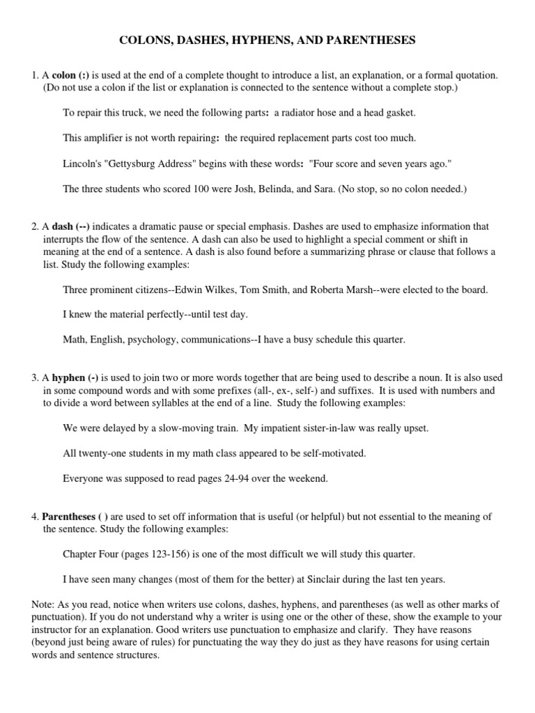 Colons Dashes Hyphens Parentheses | PDF | Punctuation | Semiotics