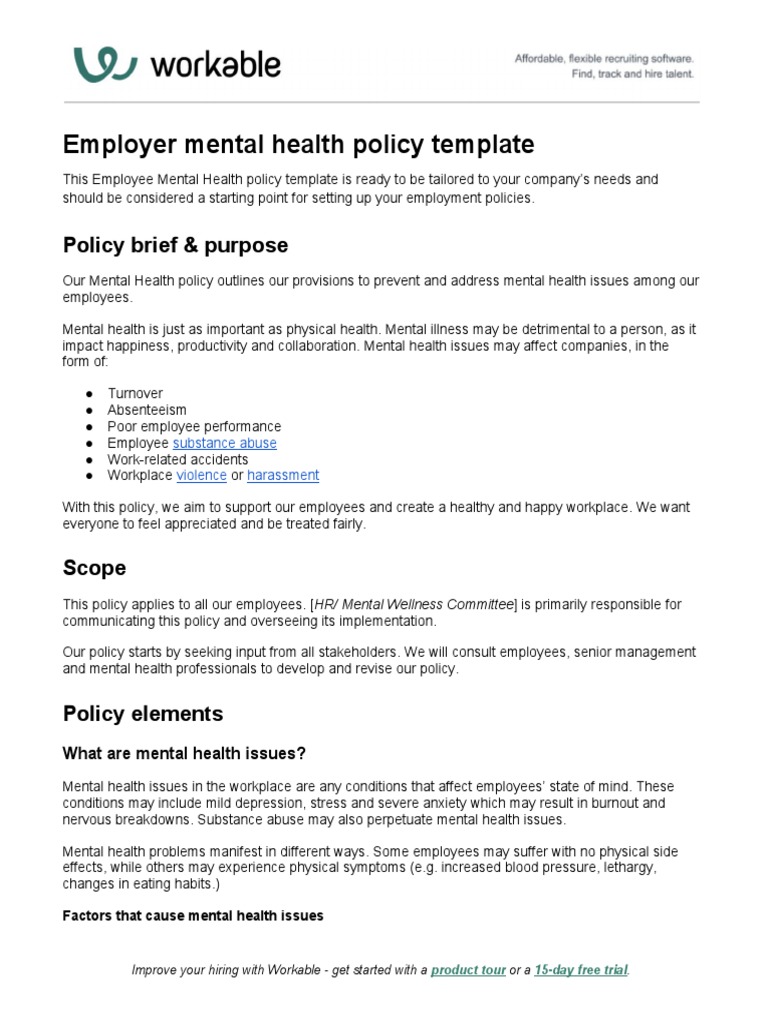 Employer Mental Health Policy Template | PDF | Mental Disorder | Mental ...